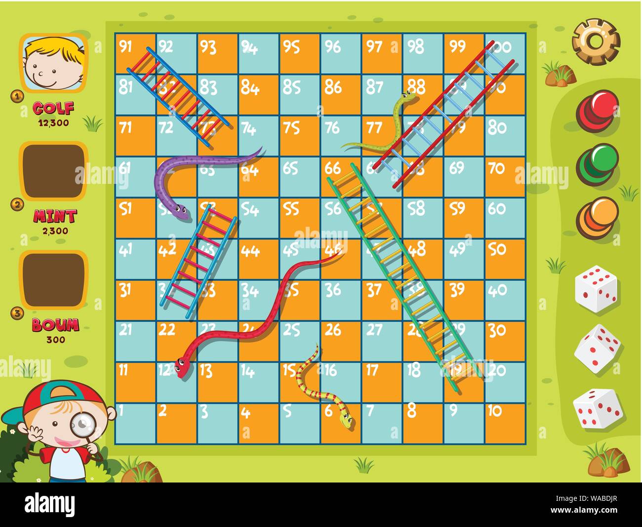 Snakes and ladders game boy on green grass illustration Stock Vector ...