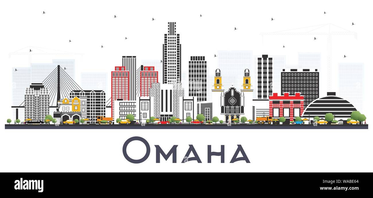 Omaha Nebraska City Skyline with Color Buildings Isolated on White ...