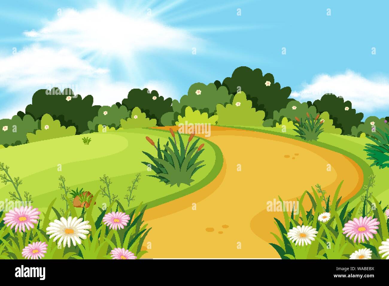 Background design of landscape with road in the park illustration Stock ...