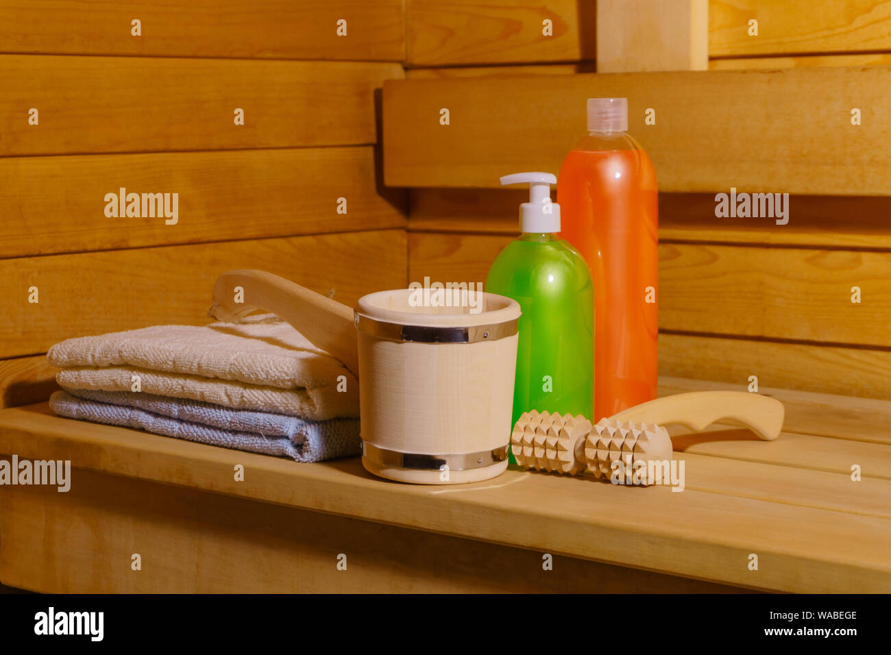 fragment of the interior of a small modern Russian banya with some bath ...