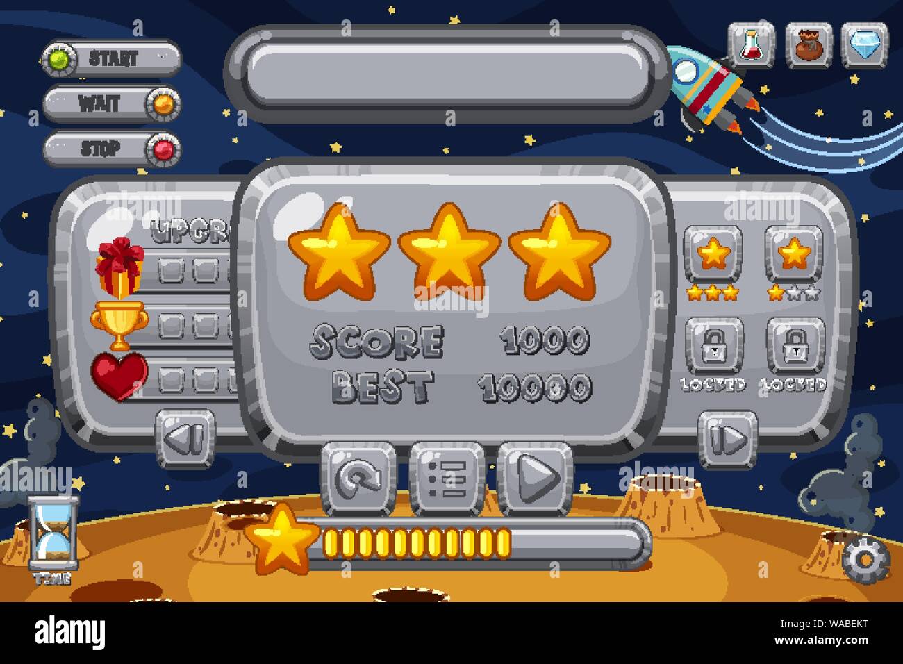 Space game background template with rocket flying illustration Stock ...