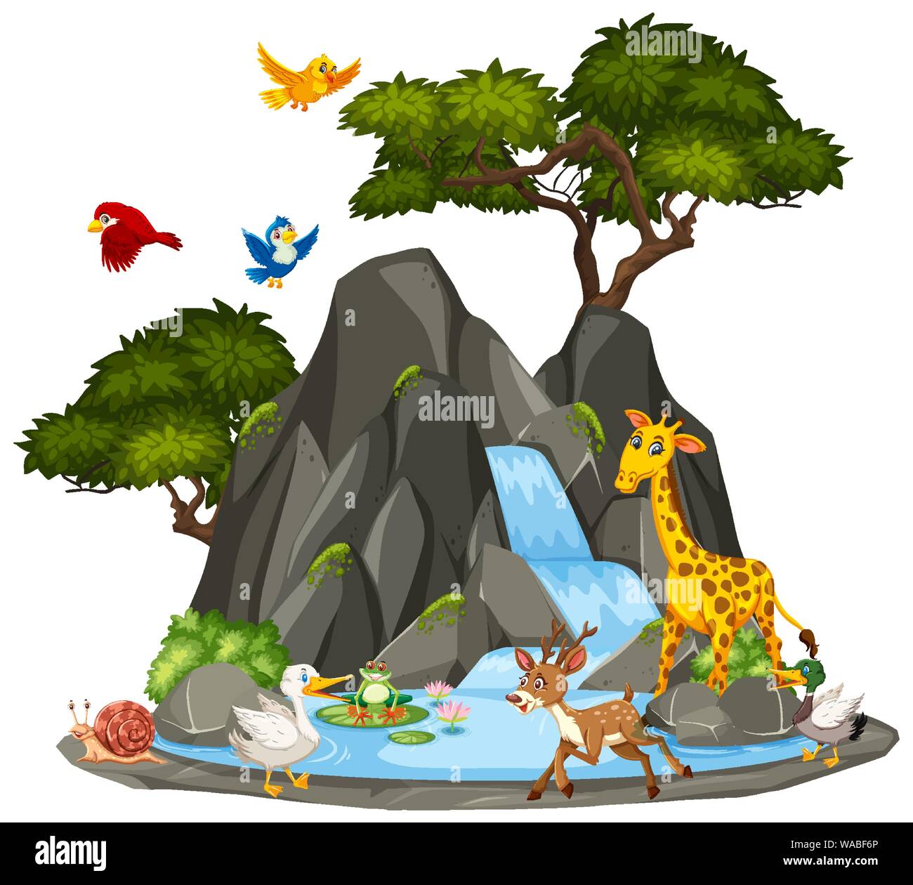 Background scene of wildlife animals and waterfall illustration Stock ...