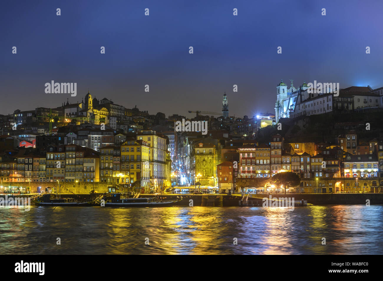 Porto Portugal night city skyline at Porto Ribeira and Douro River ...