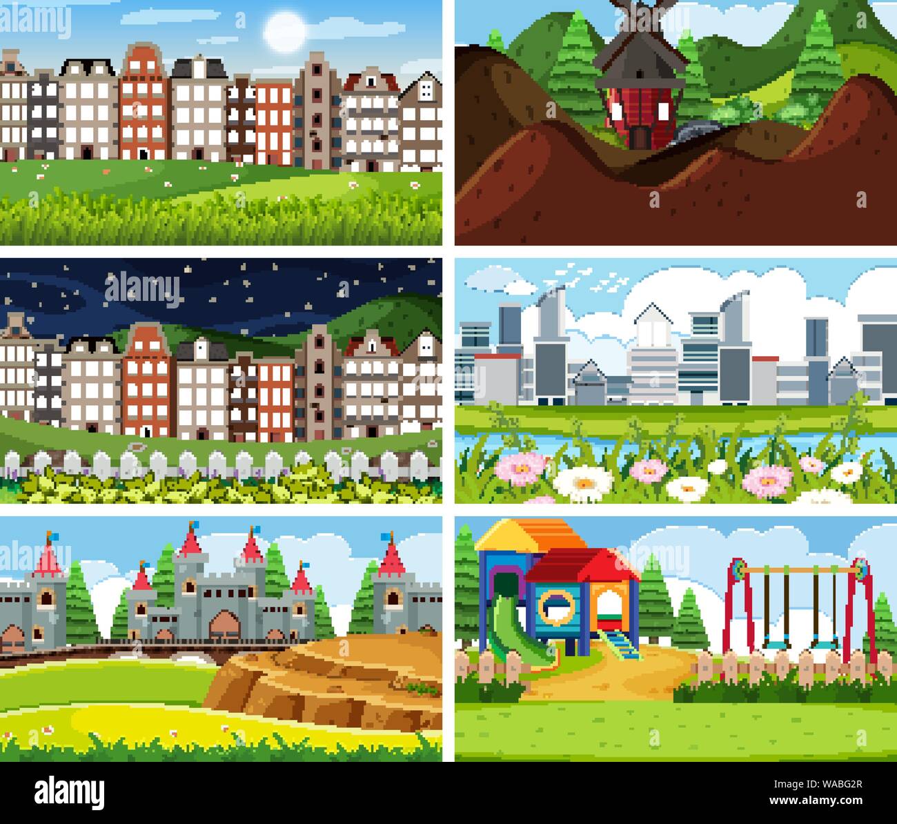 A set of outdoor scene including building illustration Stock Vector ...