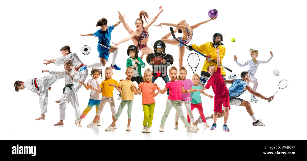 Creative collage of photos of 19 models. Kids in sport. Advertising ...