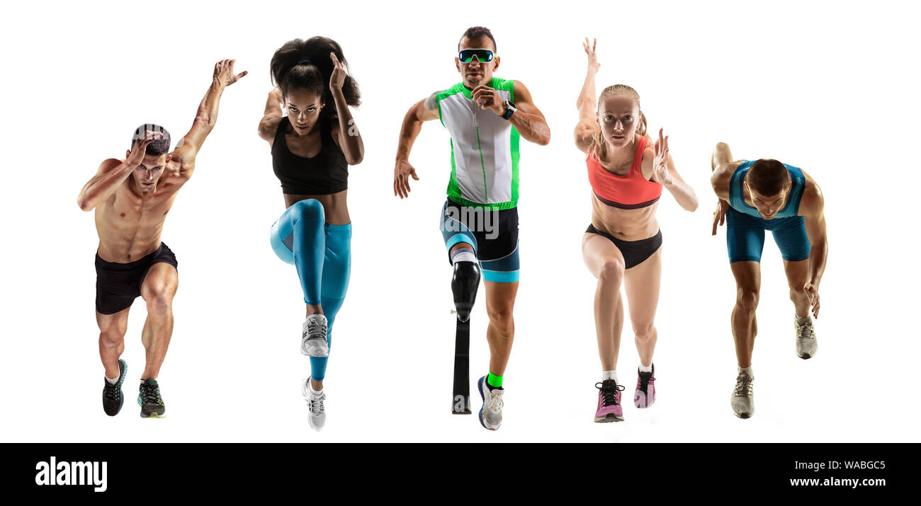 Creative collage of photos of 5 models running and jumping. Ad, sport ...