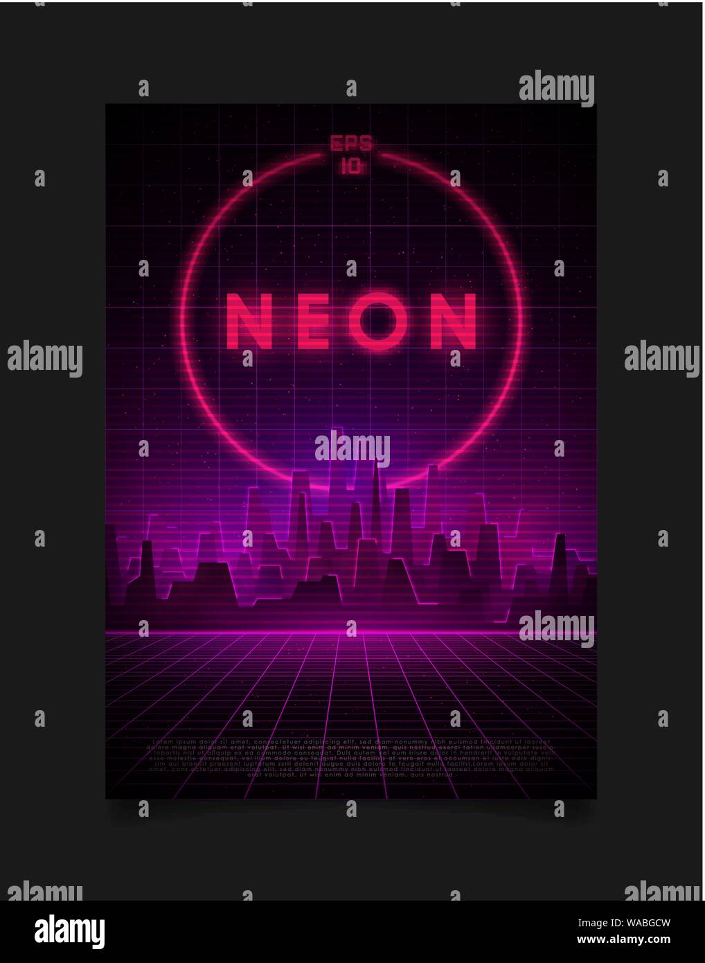 Retrowave cityscape with laser grid, glowing neon pink and purple ...