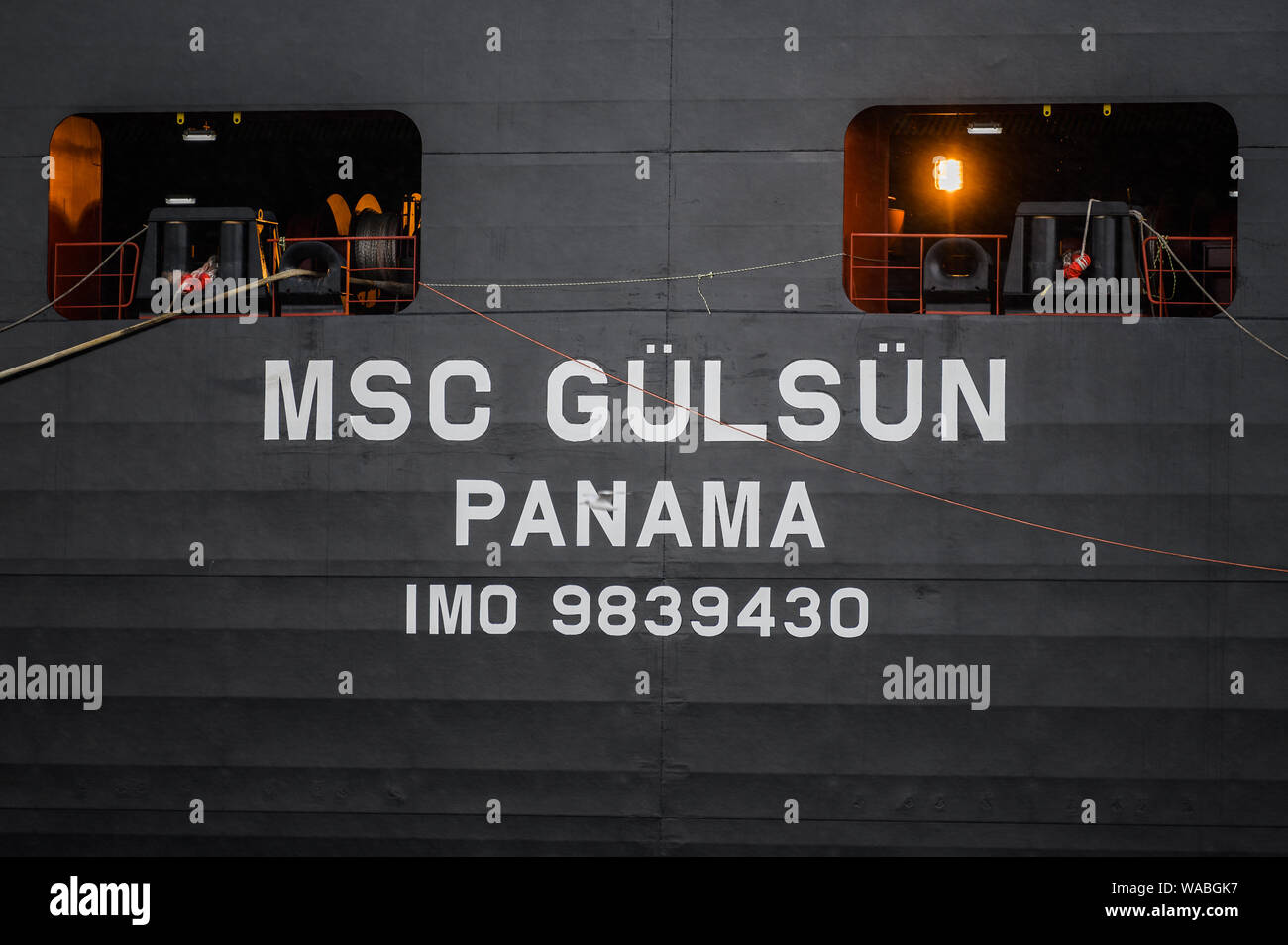 Bremerhaven, Germany. 19th Aug, 2019. A look at the name "MSC Gülsün ...