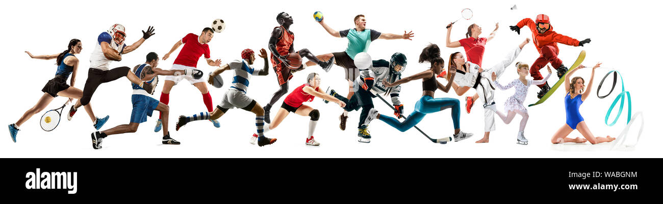 Creative collage of photos of 15 models running and jumping ...