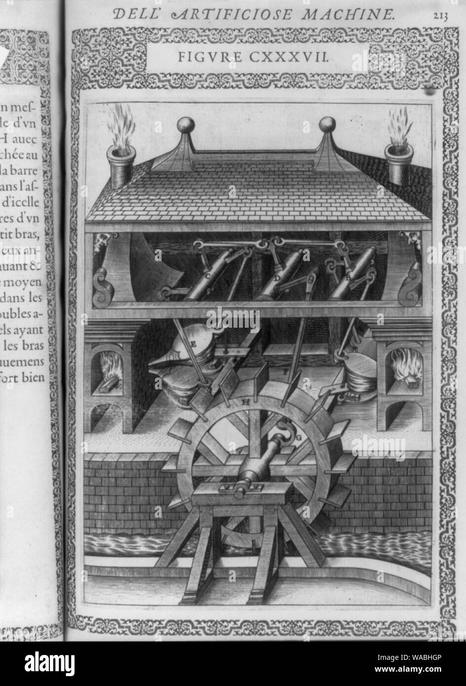 Complex machine using water-wheel, bellows, and turbine action Stock ...