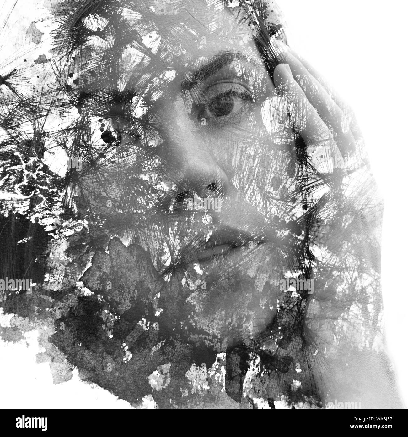 Paintography. Double exposure. Young girl with hand on face disappears ...