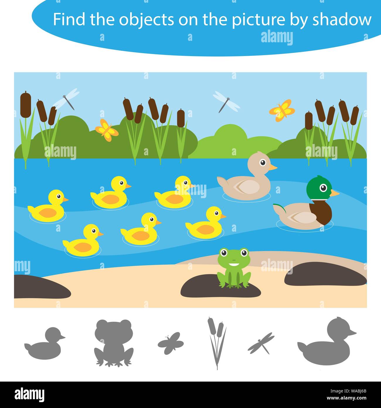 Find the objects by shadow, game for children pond with ducks in ...