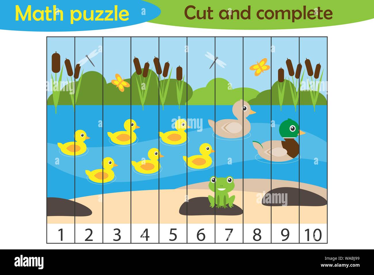 Math puzzle, pond with ducks in cartoon style, education game for ...