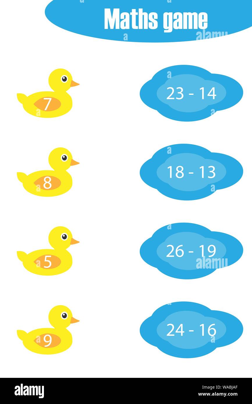 Maths game with pictures of pond and ducks for children, middle level ...