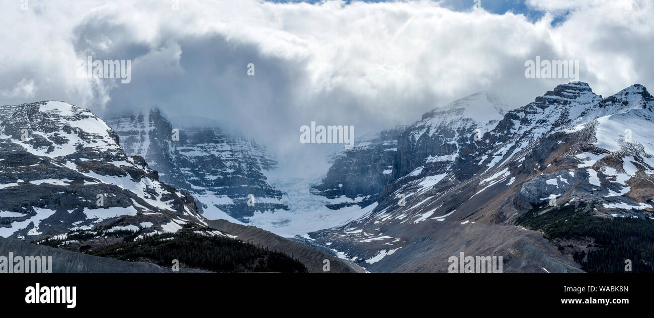 Snow Dome Glacier - A panorama of thick Spring clouds hanging over Dome ...