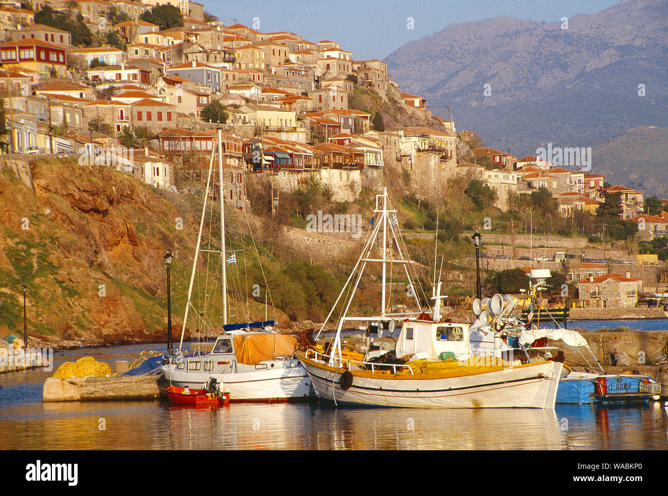 Greece. Lesbos. Mithymna. Houses built on cliffside Stock Photo - Alamy