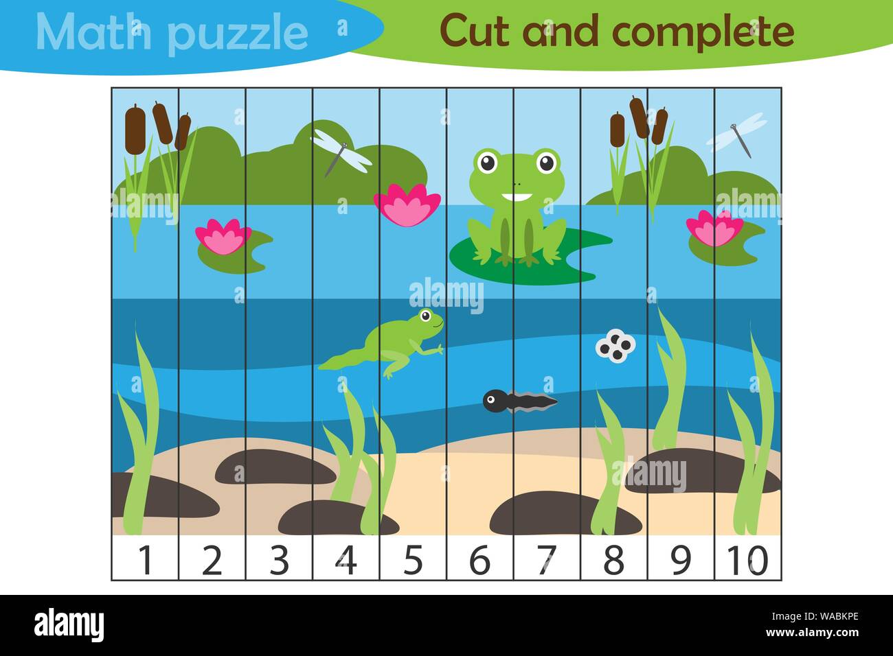 Math puzzle, pond with frog in cartoon style, education game for ...