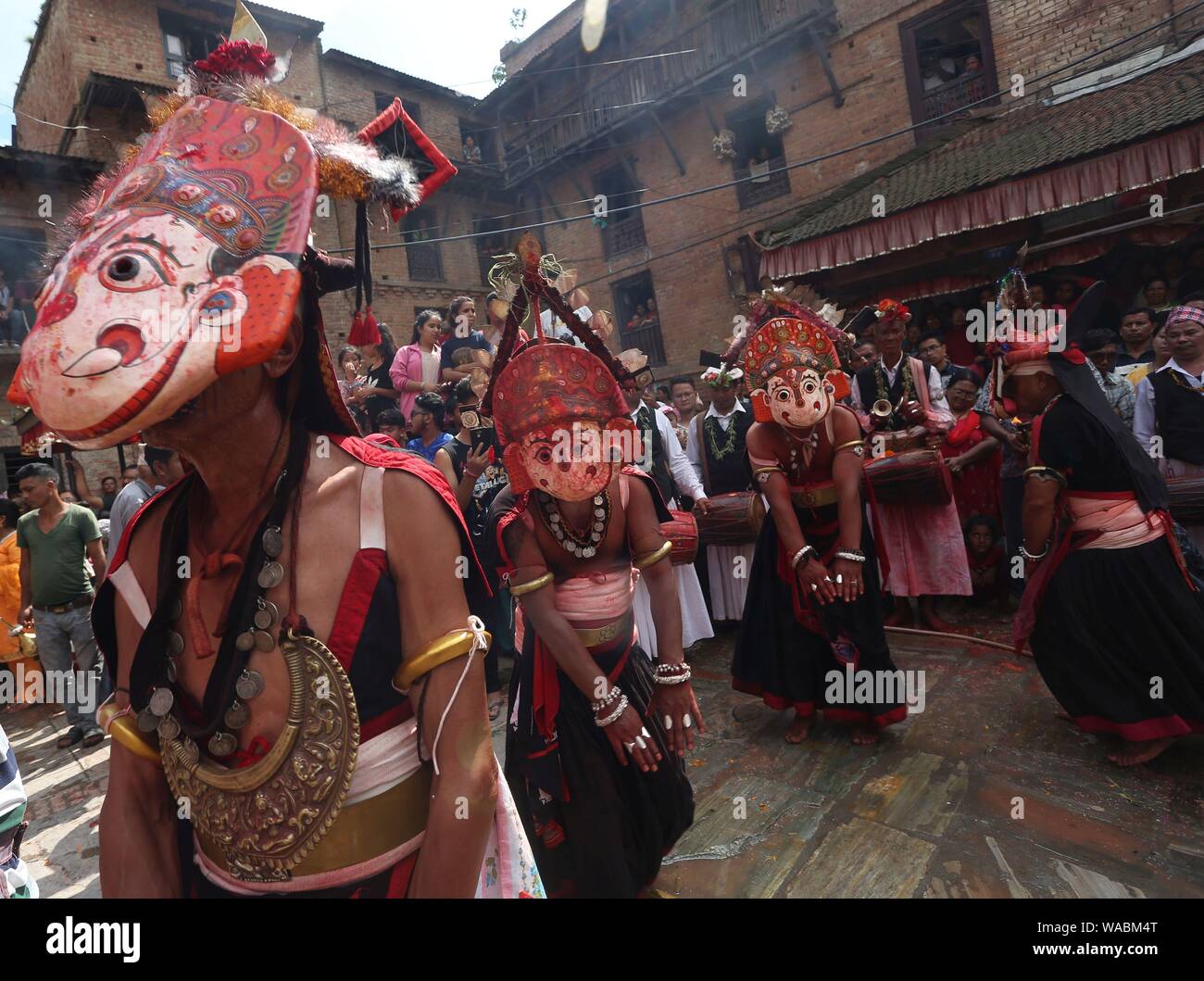 Bhaktapur, Nepal. 19th Aug, 2019. Masked dancers perform during the Nil ...