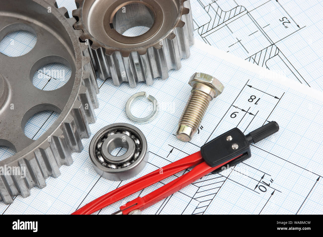 technical drawing and tools with bearing Stock Photo - Alamy