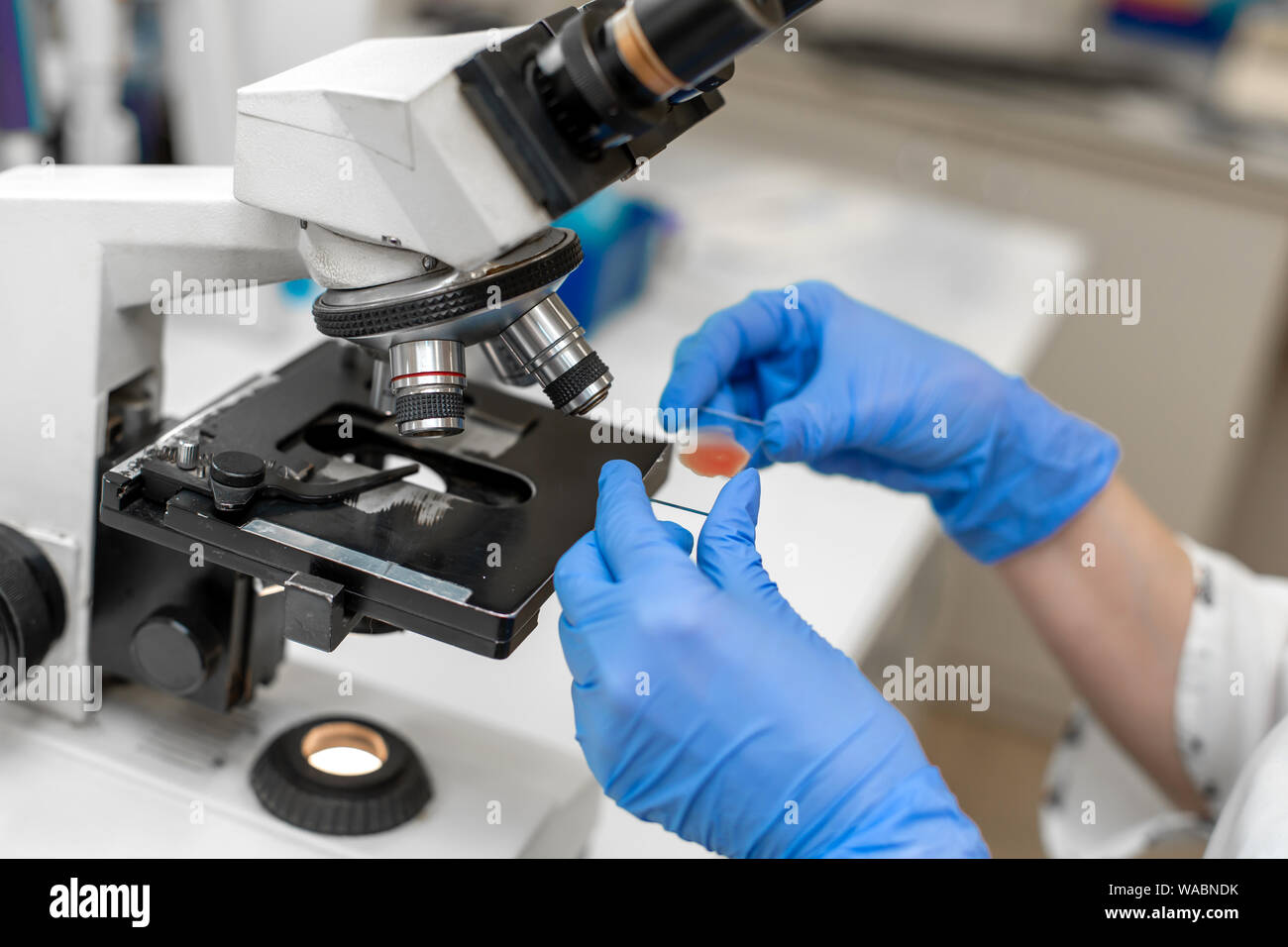 Closeup lab technician research blood sample in microscope Stock Photo ...