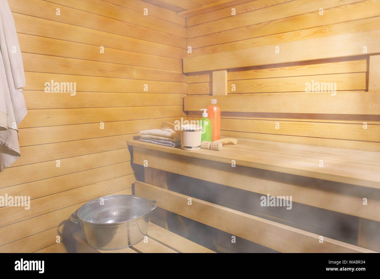 fragment of the interior of a small modern Russian banya with some bath ...