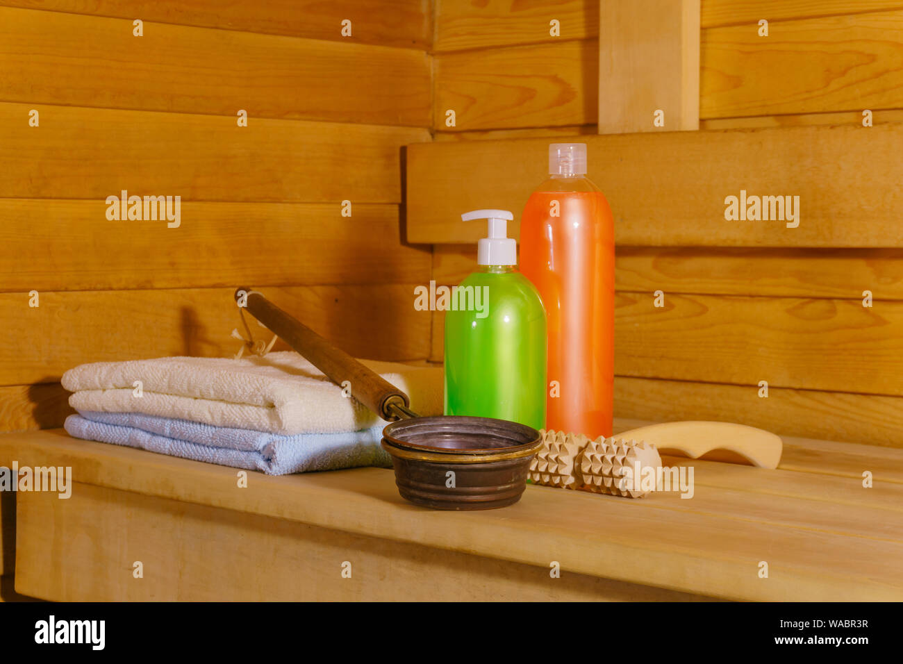 fragment of the interior of a small modern Russian banya with some bath ...