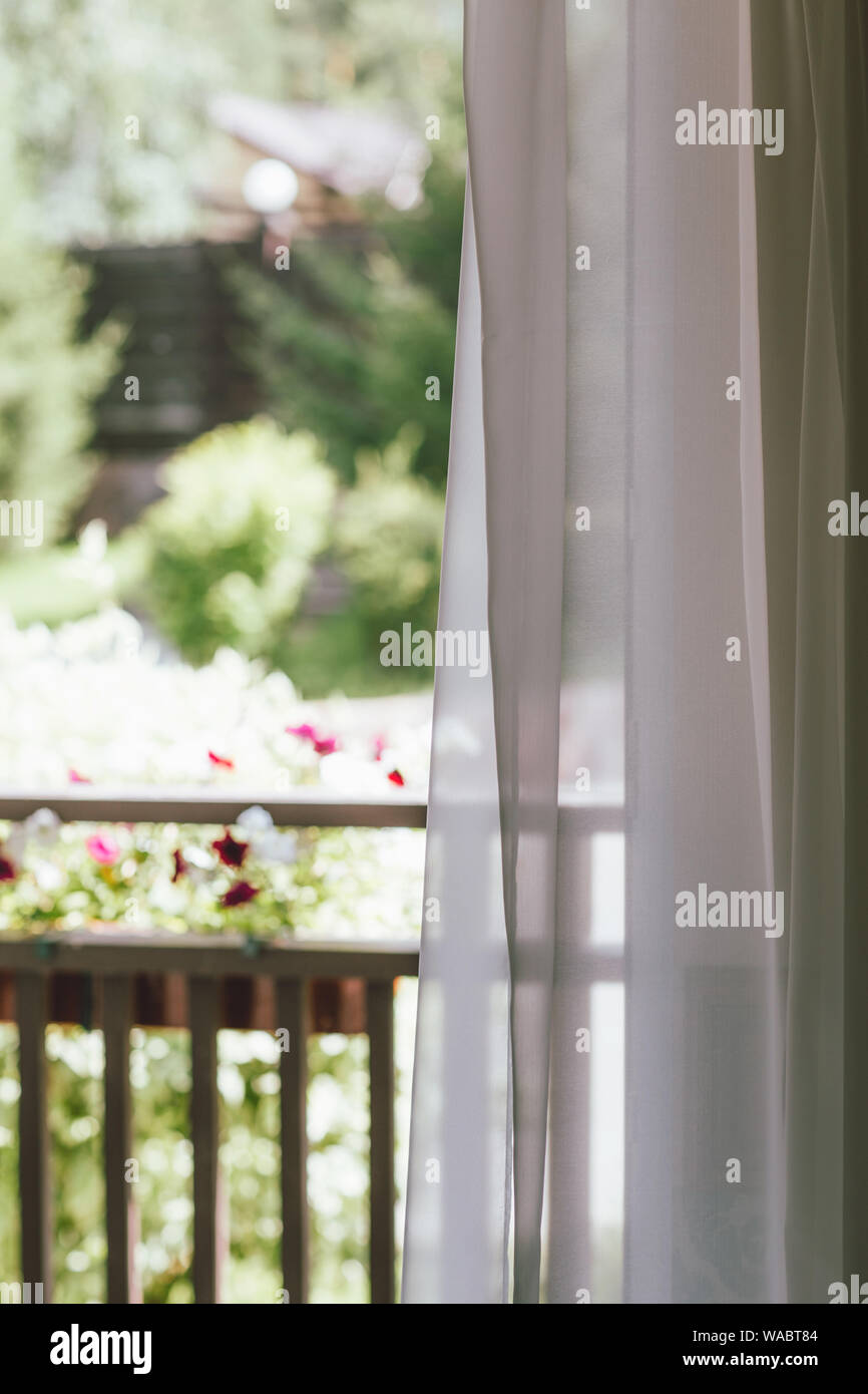 White curtain on the window overlooking the backyard Stock Photo - Alamy
