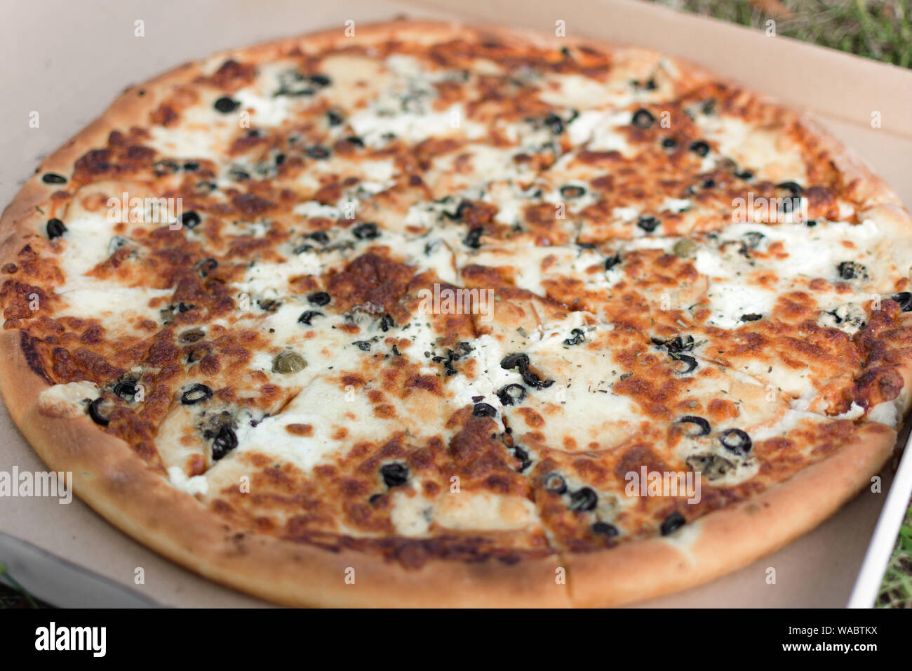 Pizza in a cardboard box top view. Pizza delivery. Pizza menu concept ...