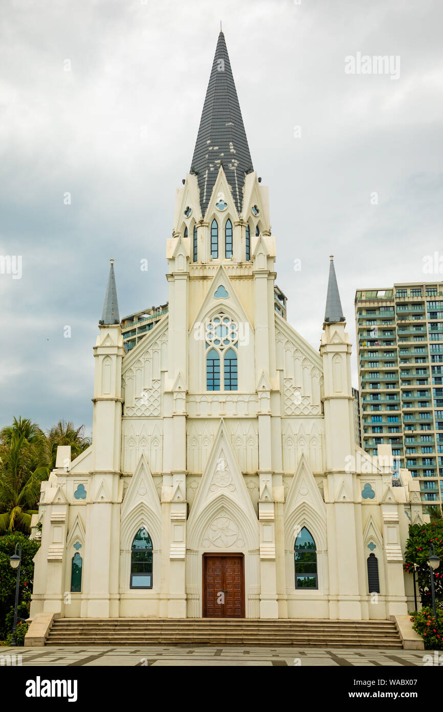 White building of a catholic church in europian quarter, Sanya, Hainan ...