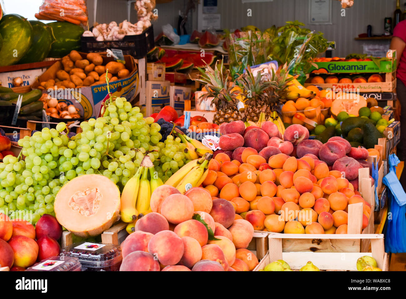 Fruit market with various colorful fresh fruits and vegetables Stock ...