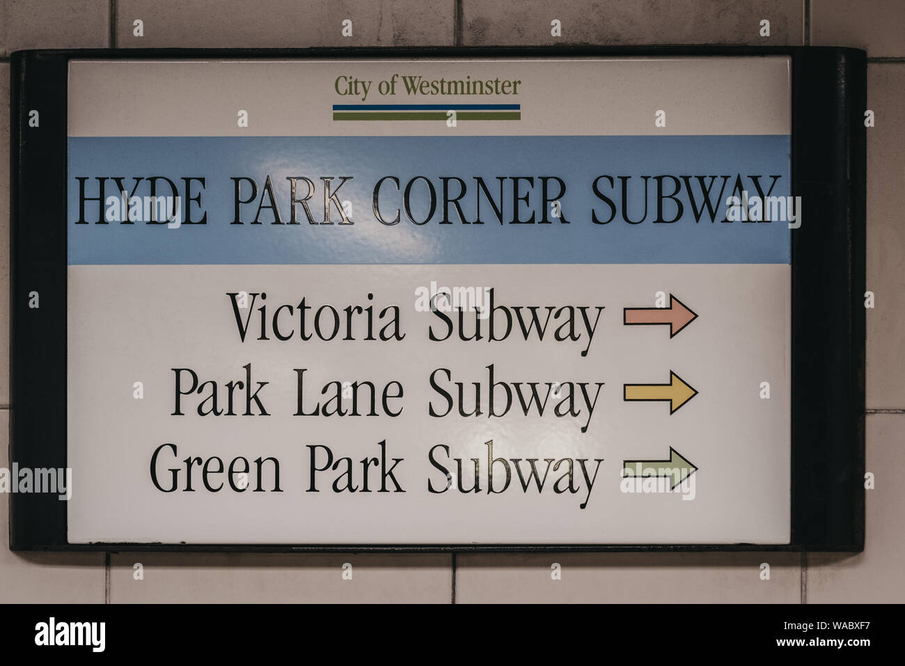 London, UK - July 15, 2019: Directional sign inside Hyde Park Corner ...