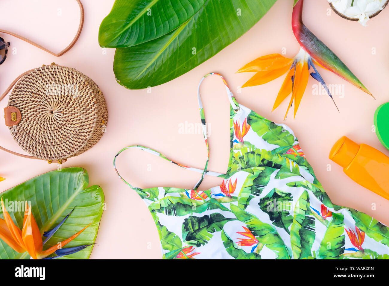 Summer flat lay scenery with swimsuit Stock Photo - Alamy
