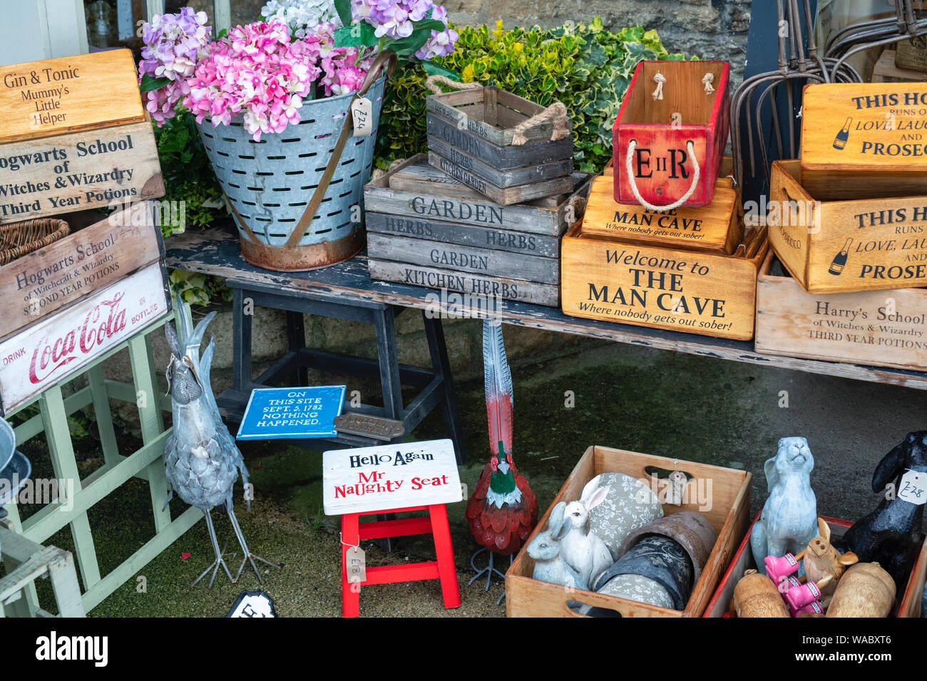Retro style items outside a shop in Burford, Cotswolds, Oxfordshire ...