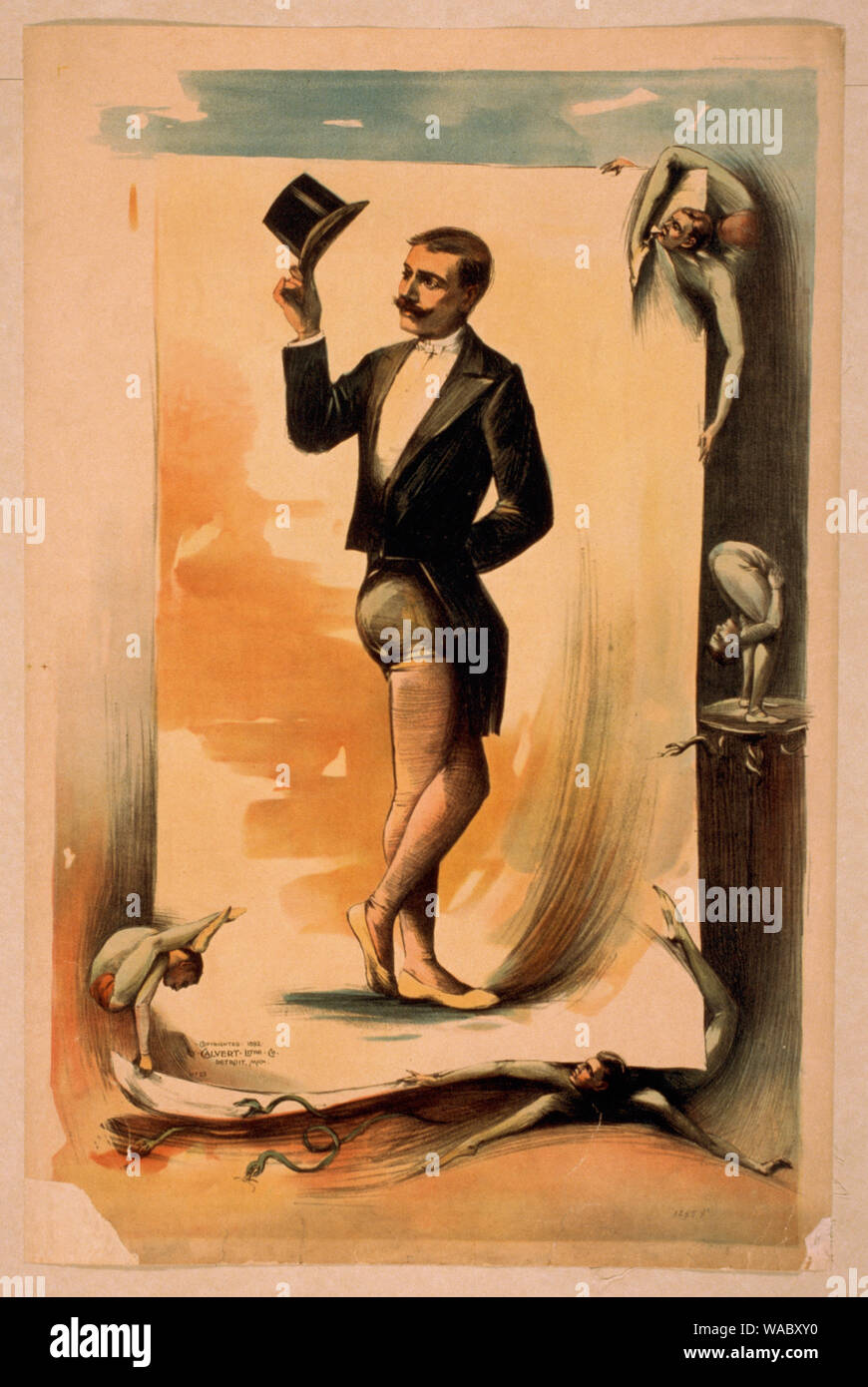 Contortionist in tuxedo jacket, top hat, and tights performing ...