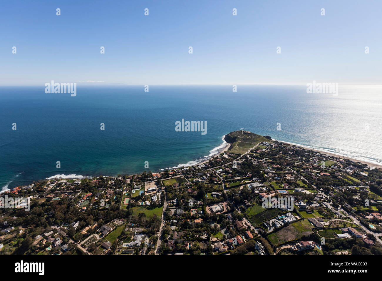 Aerial view of large pacific ocean view homes near Point Dume in Malibu ...