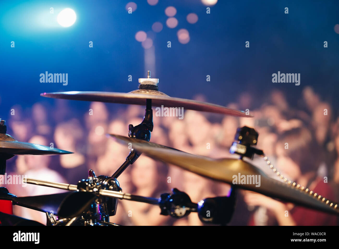 Shiny metal cymbals in drum set on rock concert.Professional percussion ...