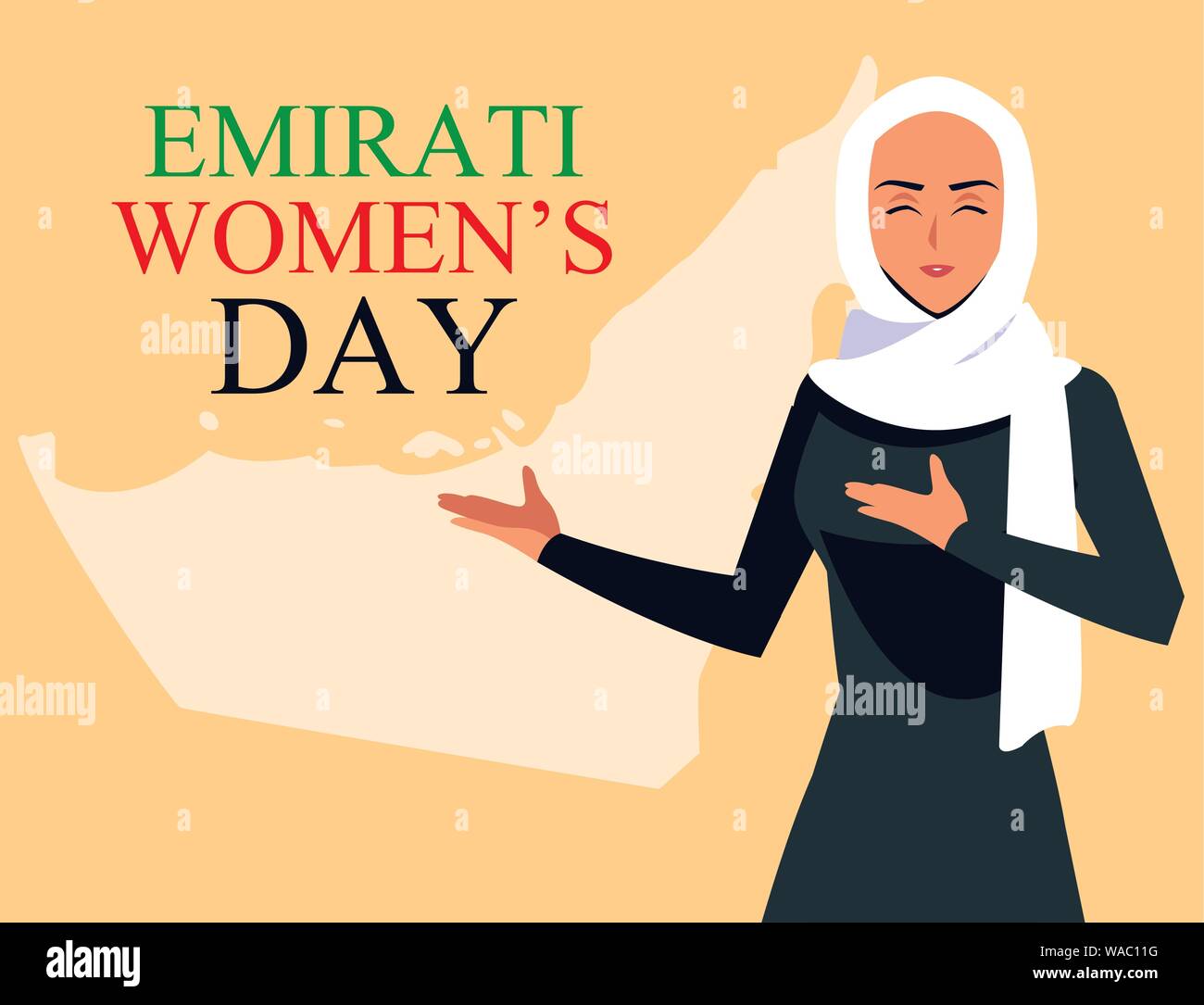 emirati women day poster with woman and map vector illustration design ...