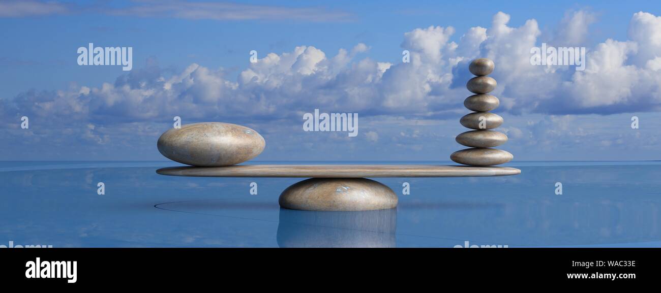 Zen stones row from large to small in water with blue sky and peaceful ...