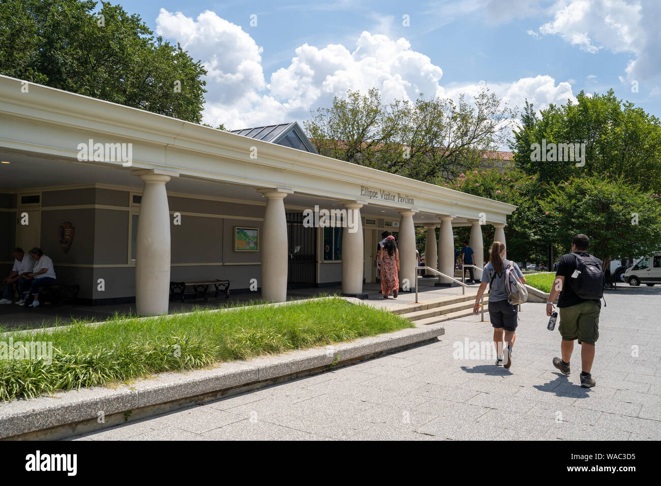 Washington, DC - August 5, 2019: Tourists walk into the Ellipse Visitor ...