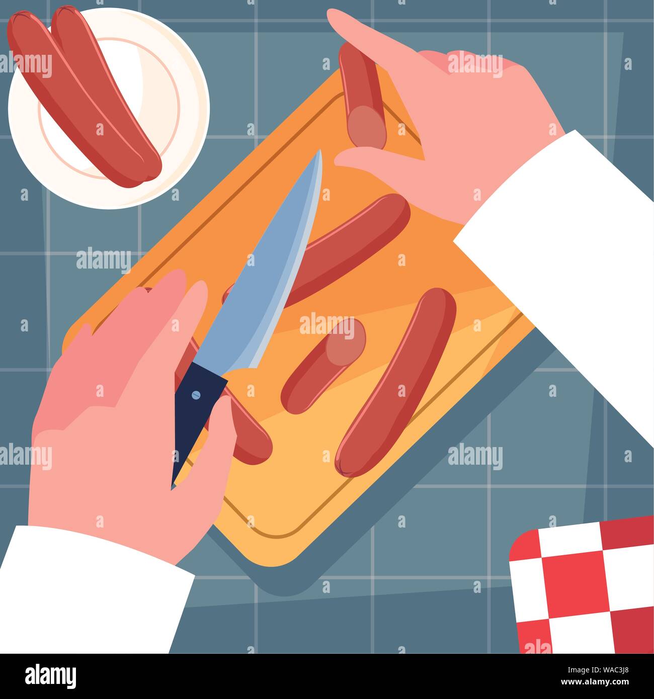 hands of chef with knife and kitchen board vector illustration design ...