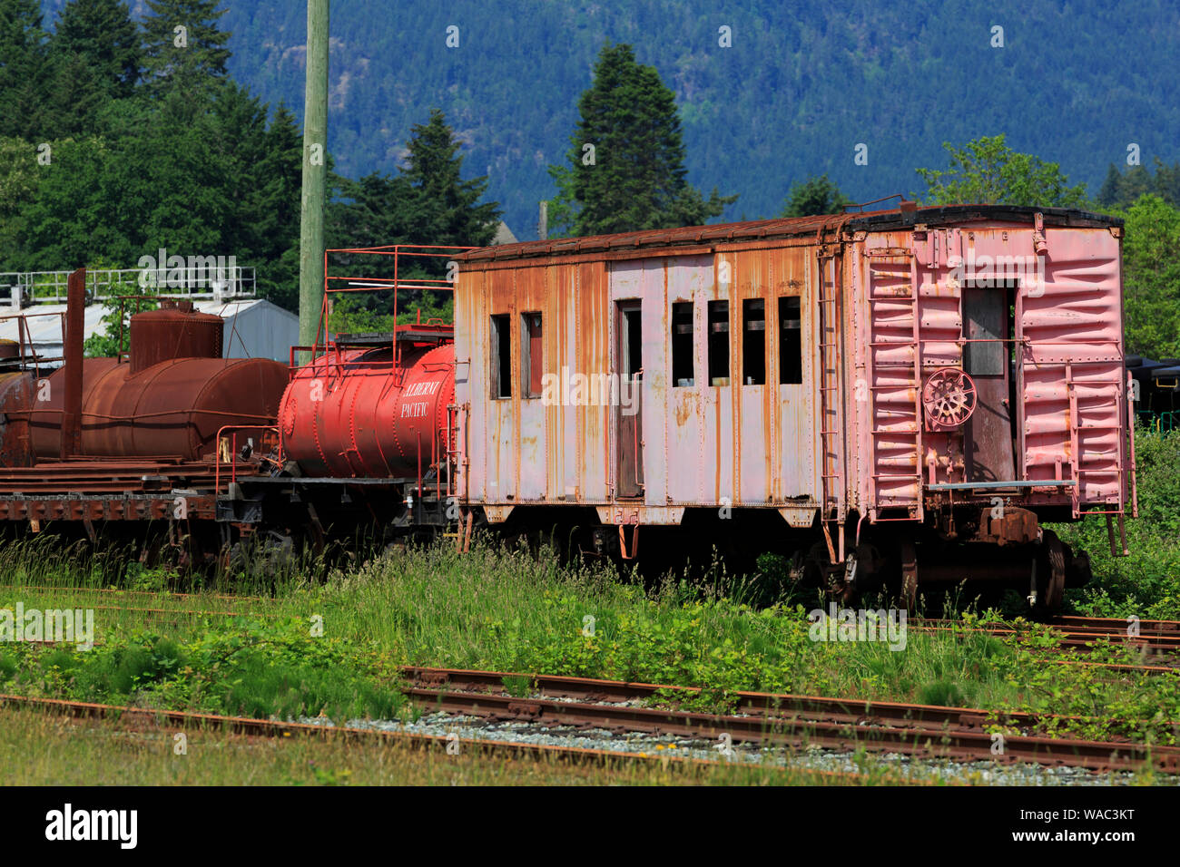 Old railway carriages, Port Alberni, Vancouver Island, British Columbia ...
