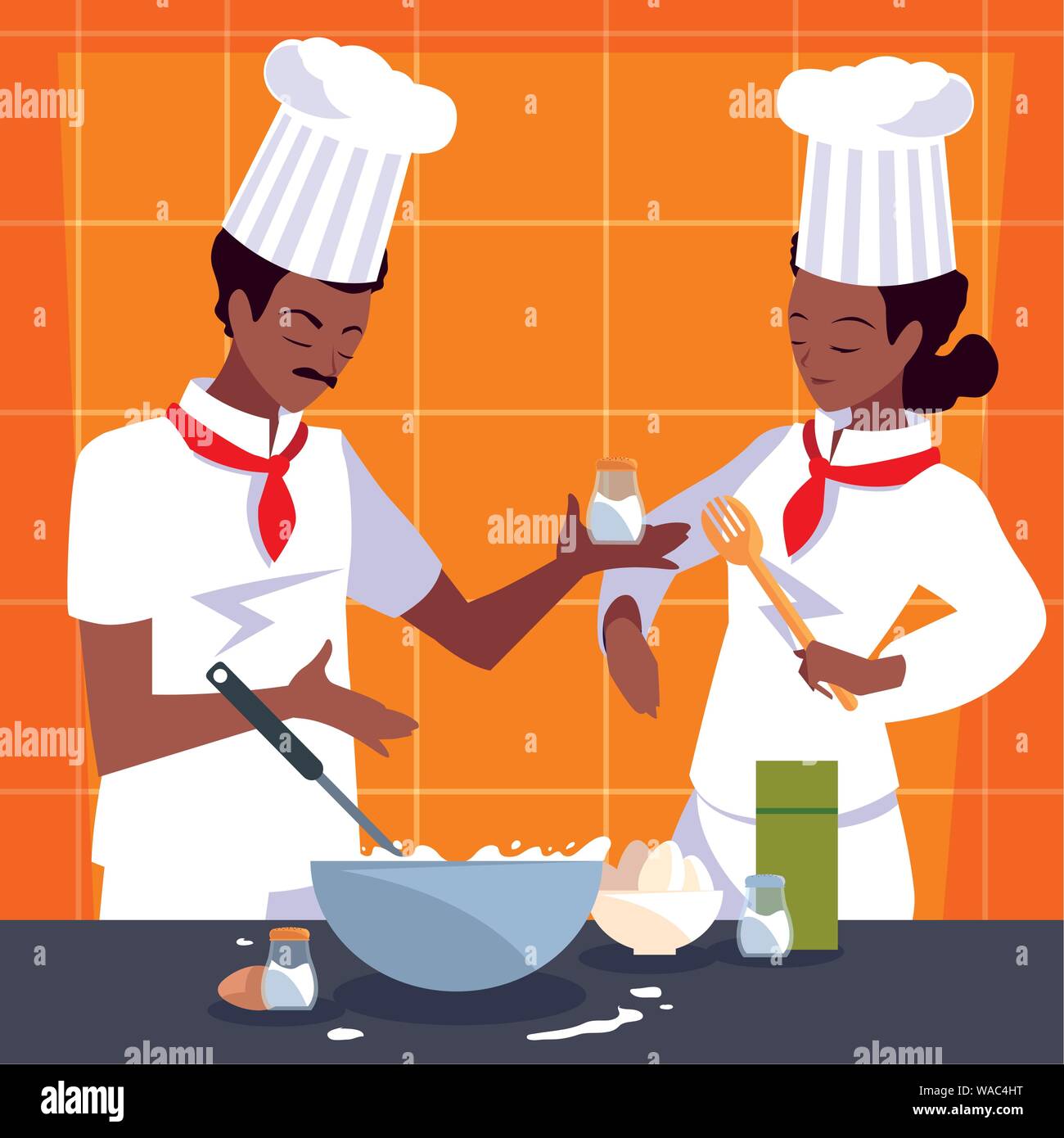 couple of professionals chef cooking in kitchen scene vector ...