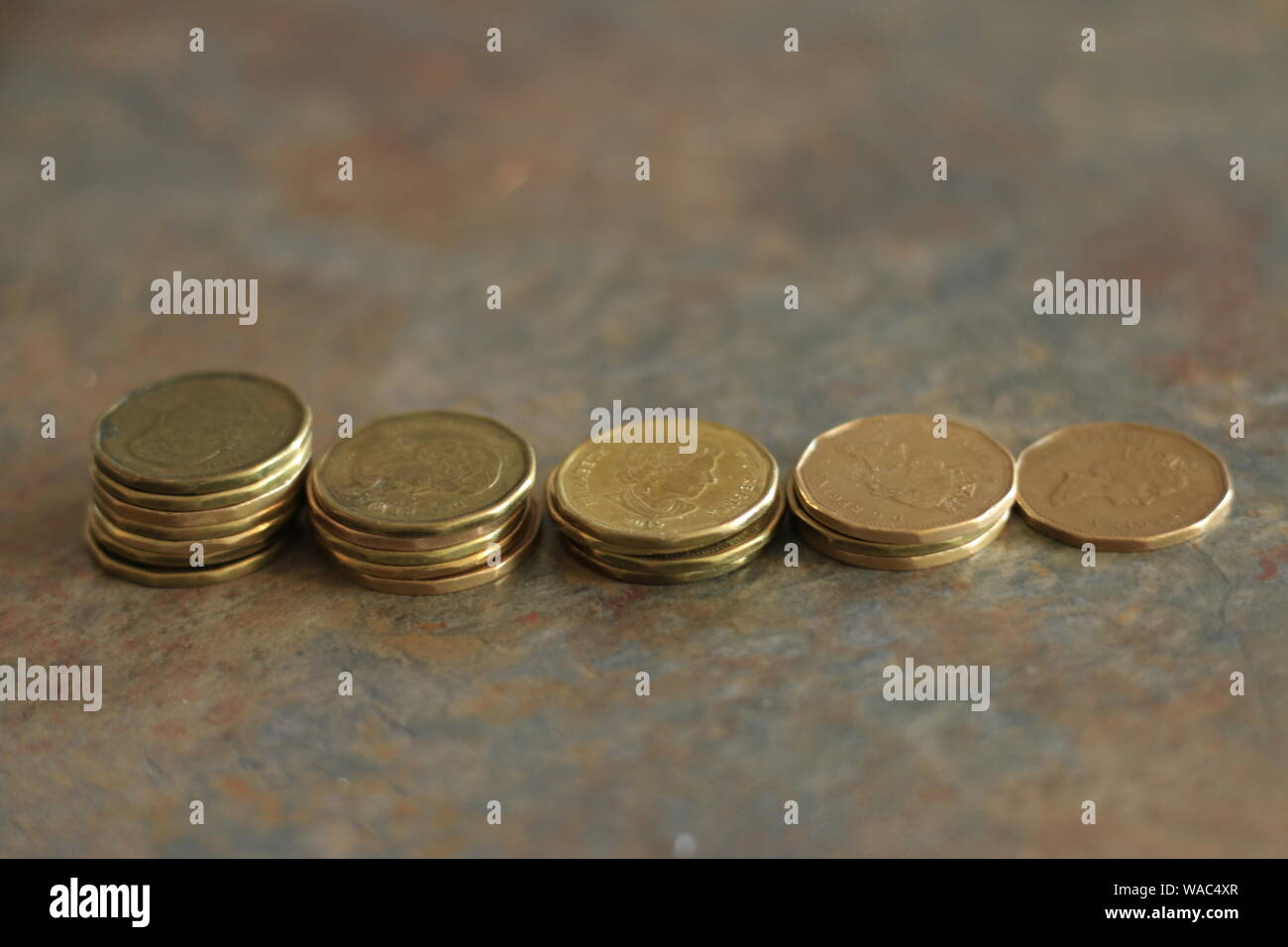 Canadian coins. Pile of Canadian dollar coins aka loonies Stock Photo ...