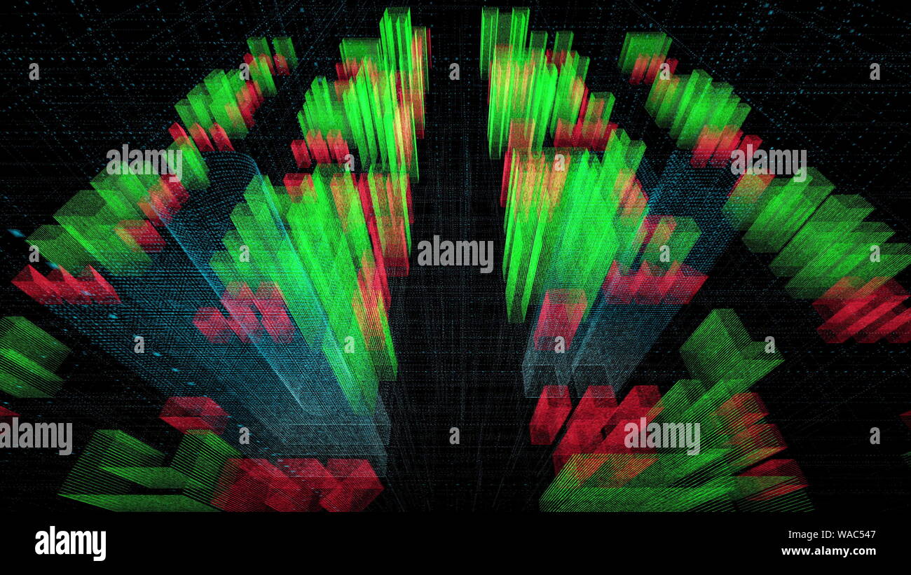 motion graph of blurry segmented green purple blue coloured voluminous ...