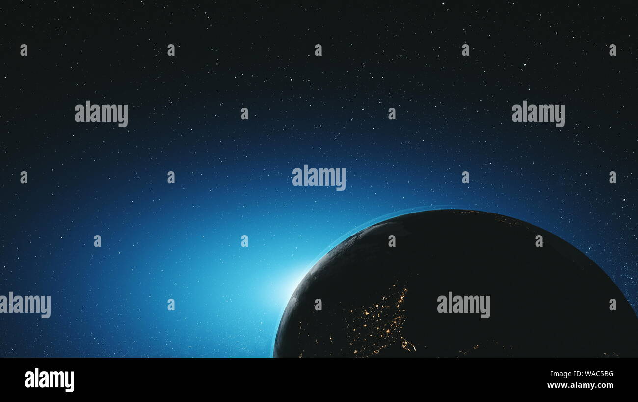 Amazing Earth Rotate Starry Orbit Outer Space. Epic Sun Beam Illuminate ...