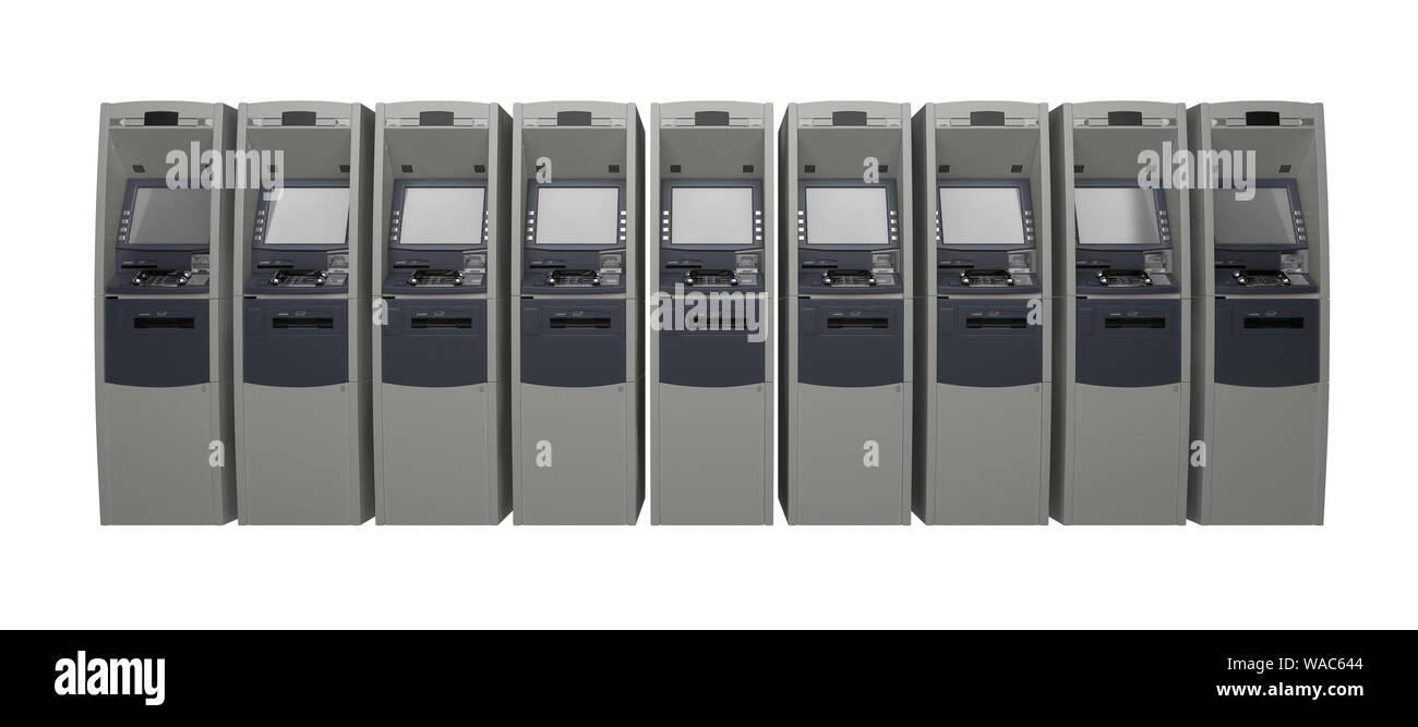 row of ATMs isolated on white front view. 3d rendering Stock Photo - Alamy