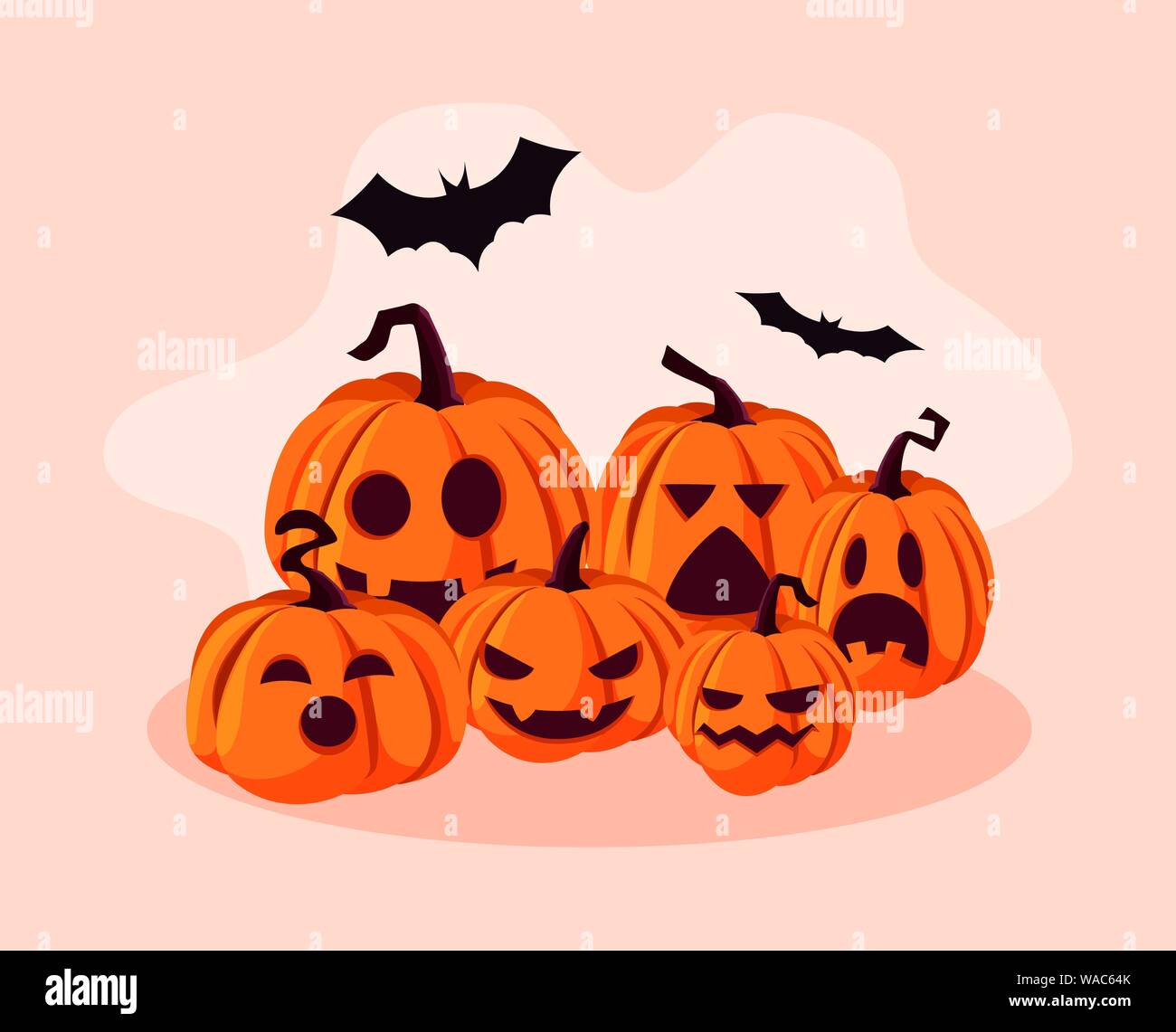 set of halloween pumpkins with bats flying vector illustration design ...