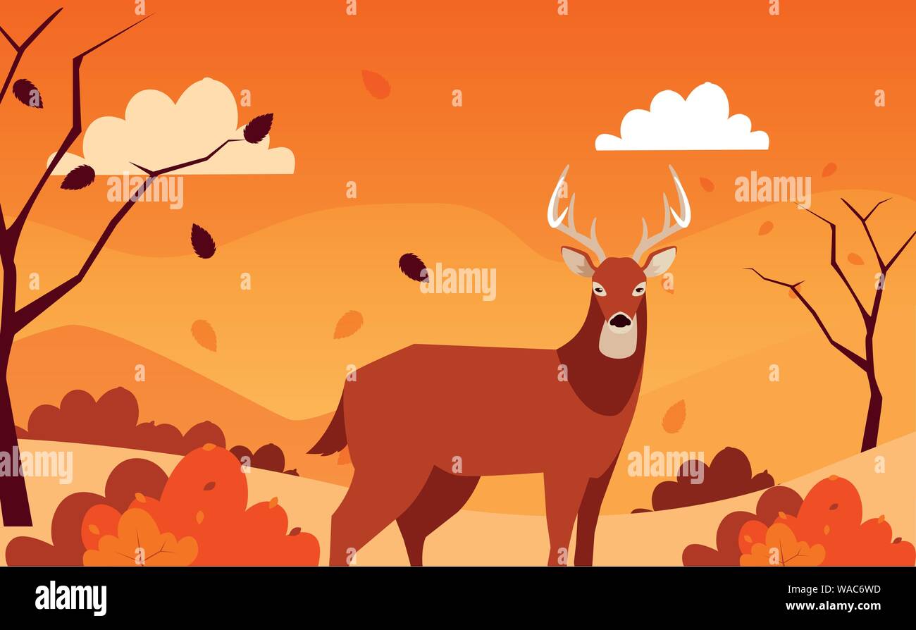 hello autumn poster with deer animal in landscape vector illustration ...