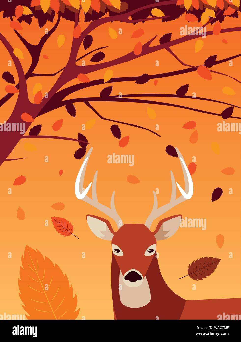 hello autumn poster with deer animal and tree vector illustration ...