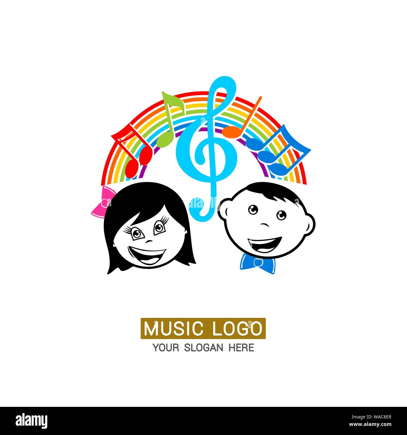 Music logo. Boy and girl on the background of a treble clef with ...